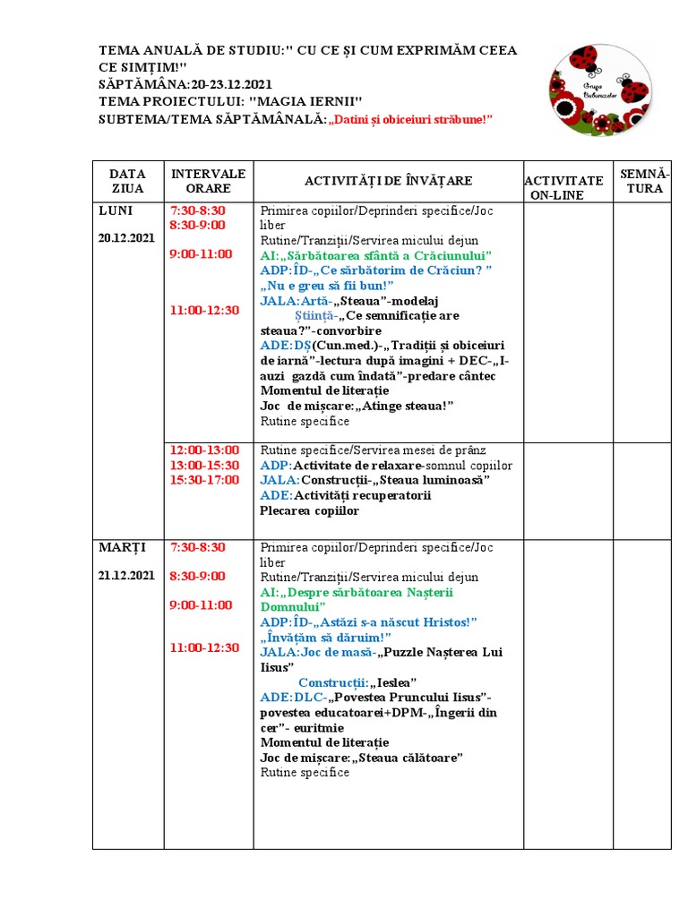 Condica de Evidenta A Activitatii Didactice Din Educatia Timpurie G V 2023 12 | PDF