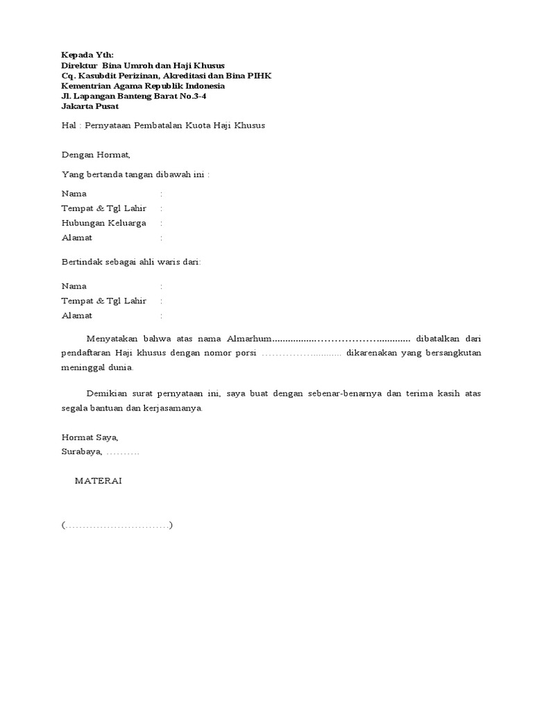 Contoh Surat Permohonan Batal Haji | PDF