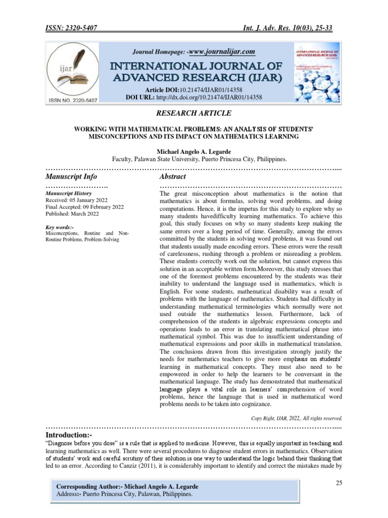 Working With Mathematical Problems: An Analysis of Students Misconceptions and Its Impact On ...