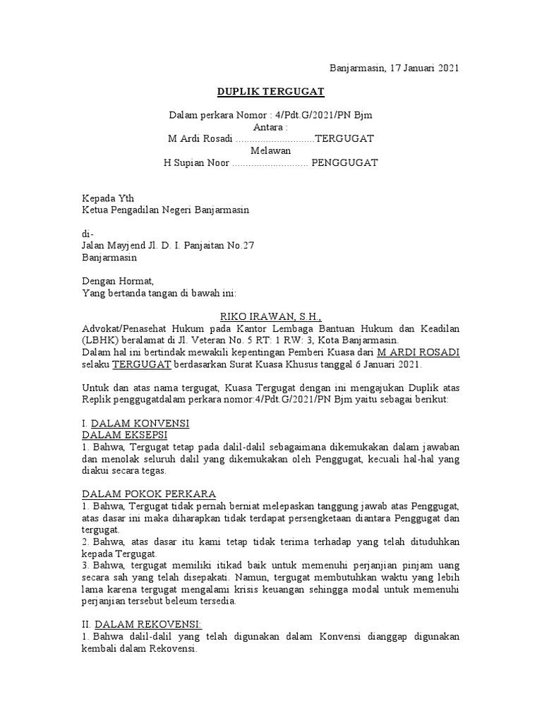 Contoh Duplik Perdata | PDF