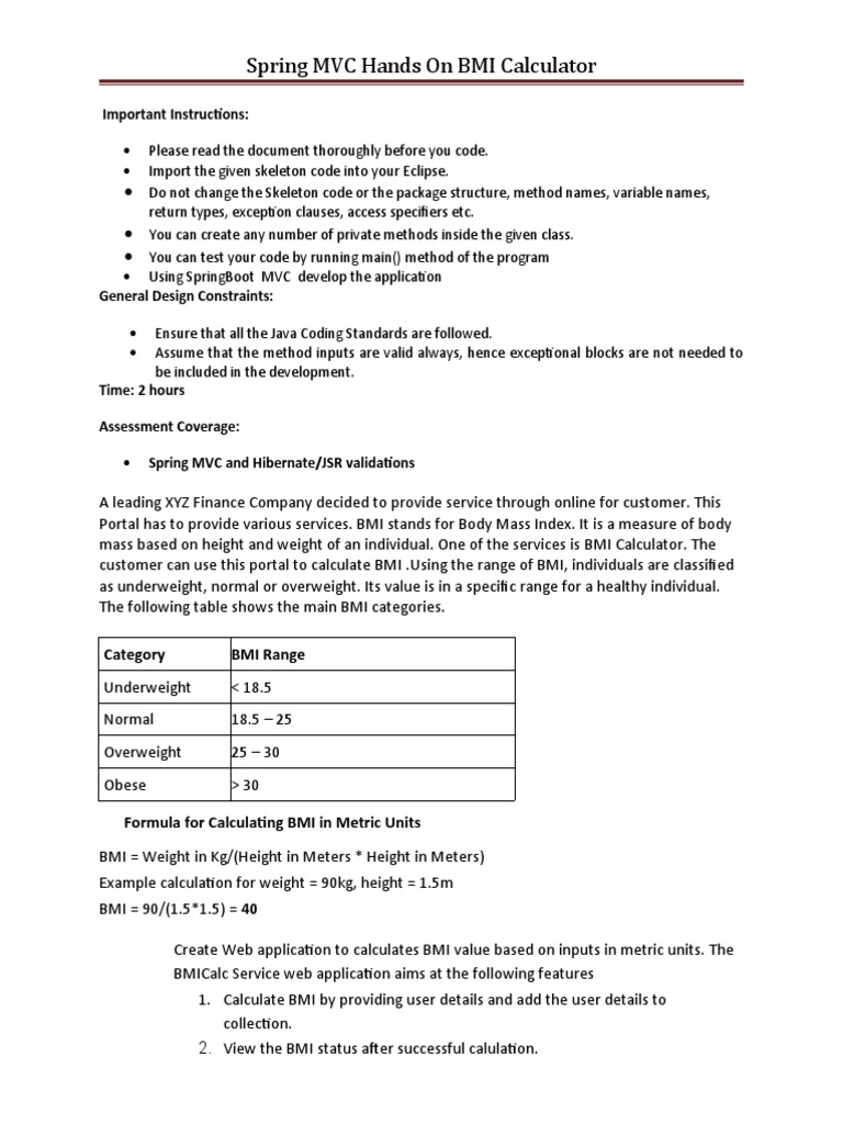 Spring MVC Hands On BMI Calculator: Important Instructions | PDF | Method (Computer Programming ...
