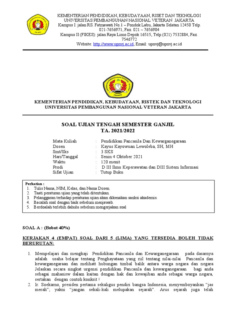 Soal Uts KWN Pancasila d3 Keperawatan Kelas A | PDF