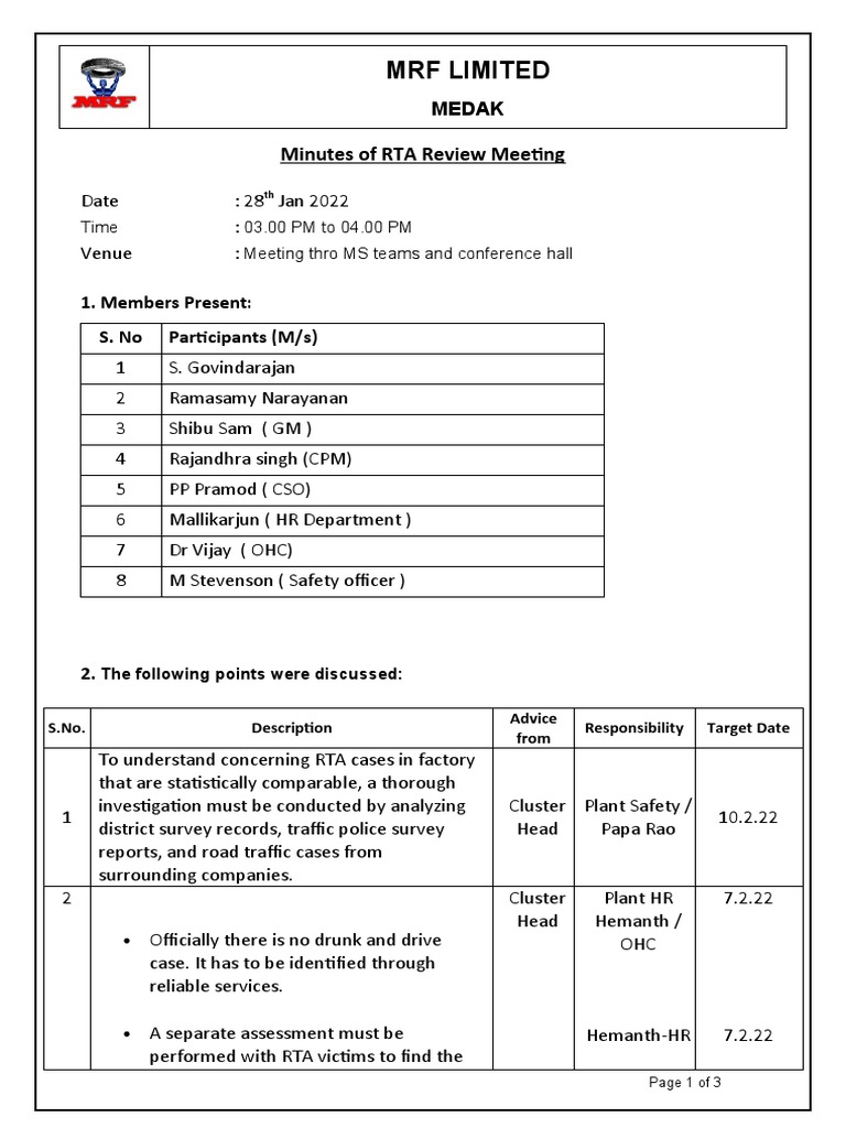 MRF Medak RTA Review Meeting Minutes | PDF