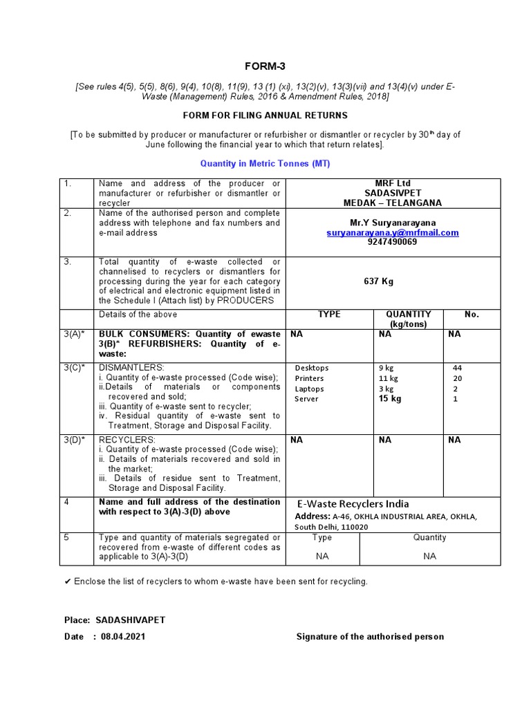 3.TSPCB Form-3 E - Waste Returns - 2022 | PDF | Electronic Waste ...