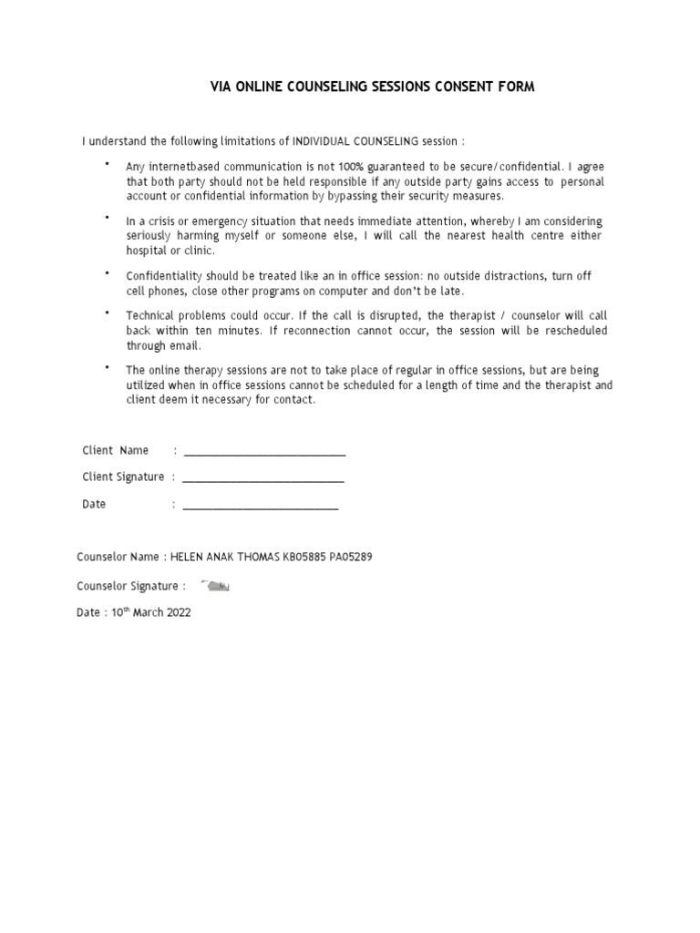 Via Online Counseling Sessions Consent Form | PDF | Law | Self-Improvement