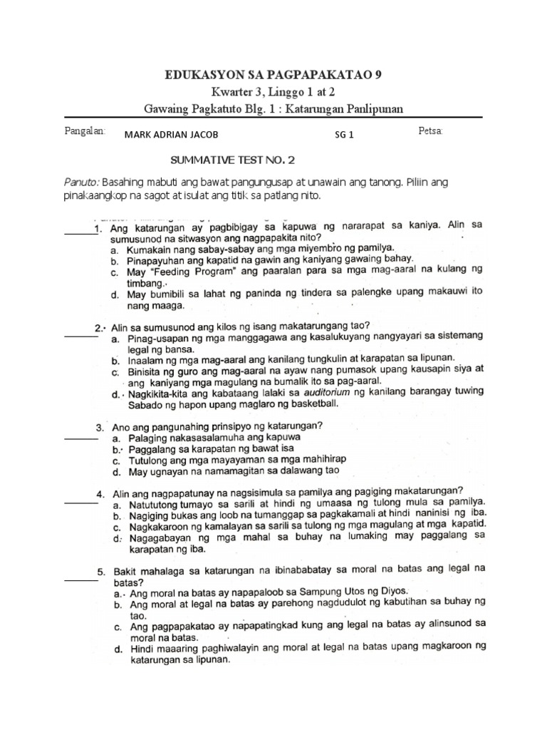 Edukasyon Sa Pagpapakatao 9 3RD Summative Test No. 3 | PDF