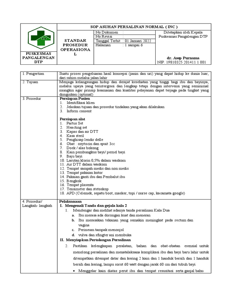 Sop Asuhan Persalinan Normal | PDF