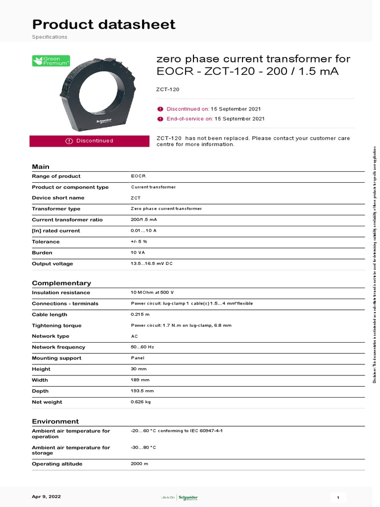 Product Datasheet: Zero Phase Current Transformer For EOCR - ZCT-120 ...