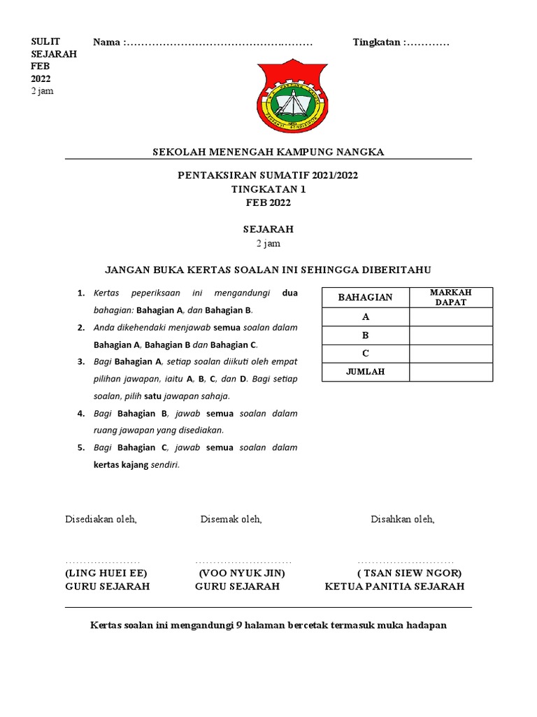 Ujian Sej T1 Sem 3 Set A | PDF