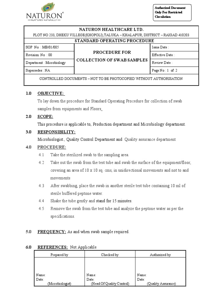 MB-01-005-Procedure For Collection of Swab Samples From Equipments and ...