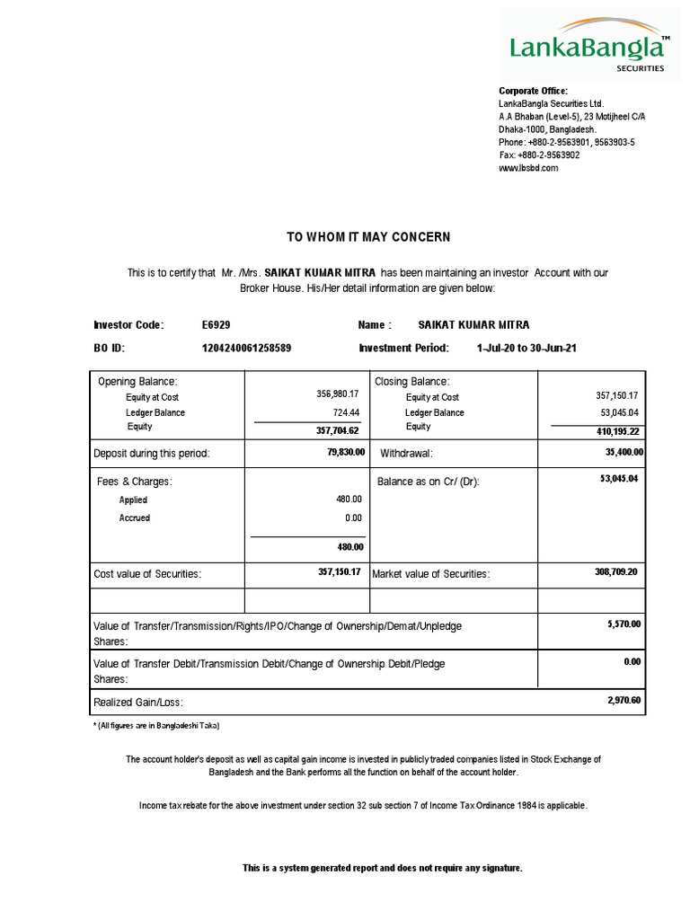 LankaBangla Securities investor account statement | PDF