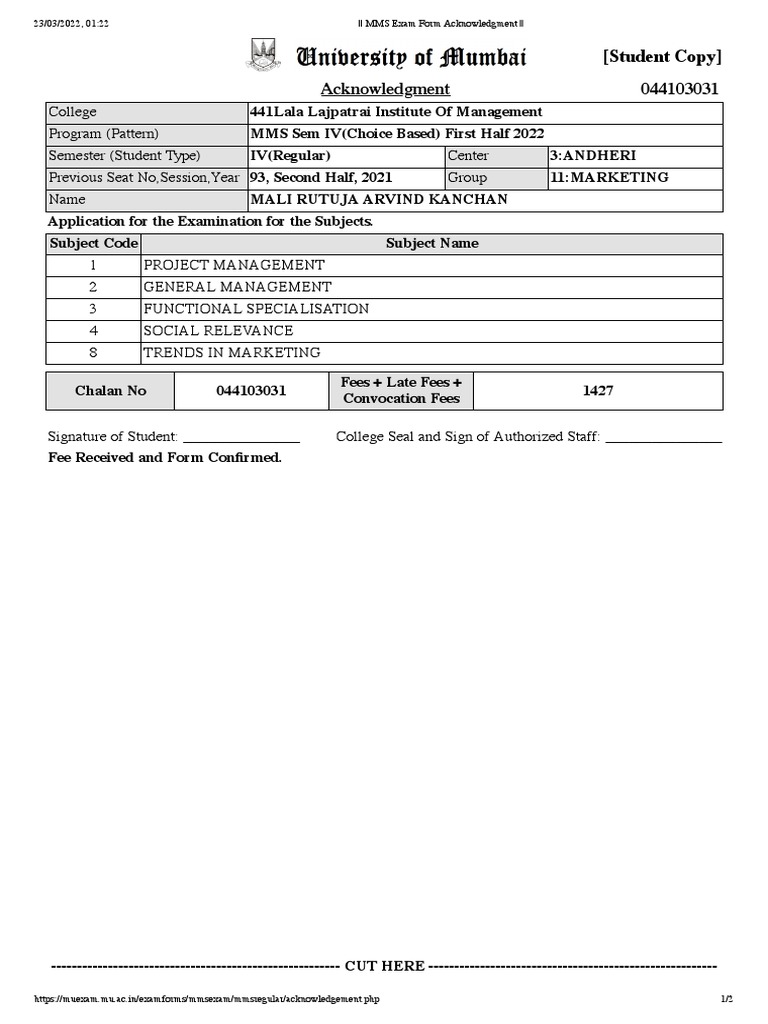 MMS Exam Form Acknowledgment 2022 | PDF