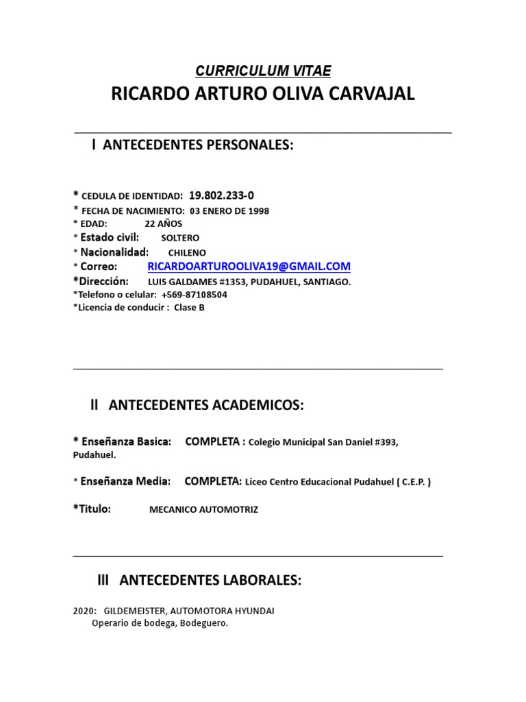 Curriculum Ricardo Arturo Oliva Carvajal | PDF