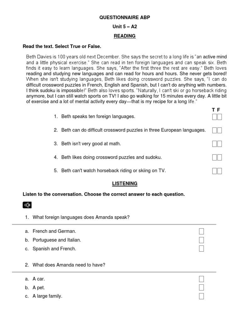 QUESTIONNAIRE-ABP-A2 - Unit 5 - ABP | PDF | Cognitive Science | Grammar