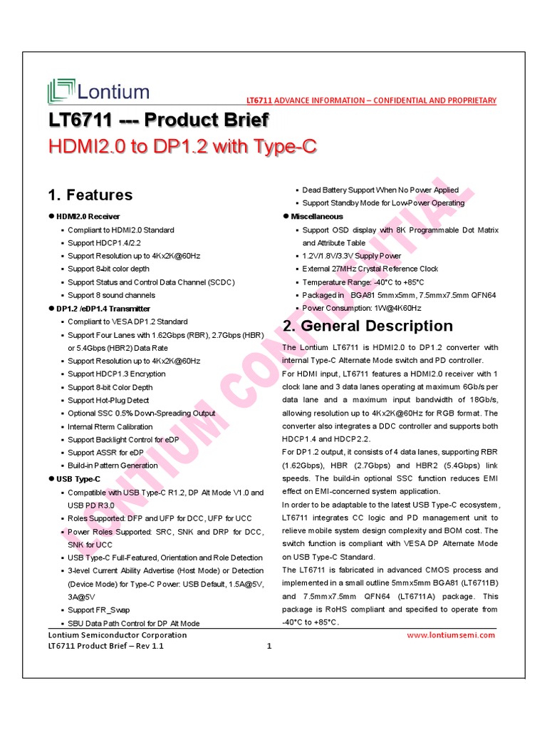 LT6711 - Product Brief: HDMI2.0 To DP1.2 With Type-C | PDF | Usb ...