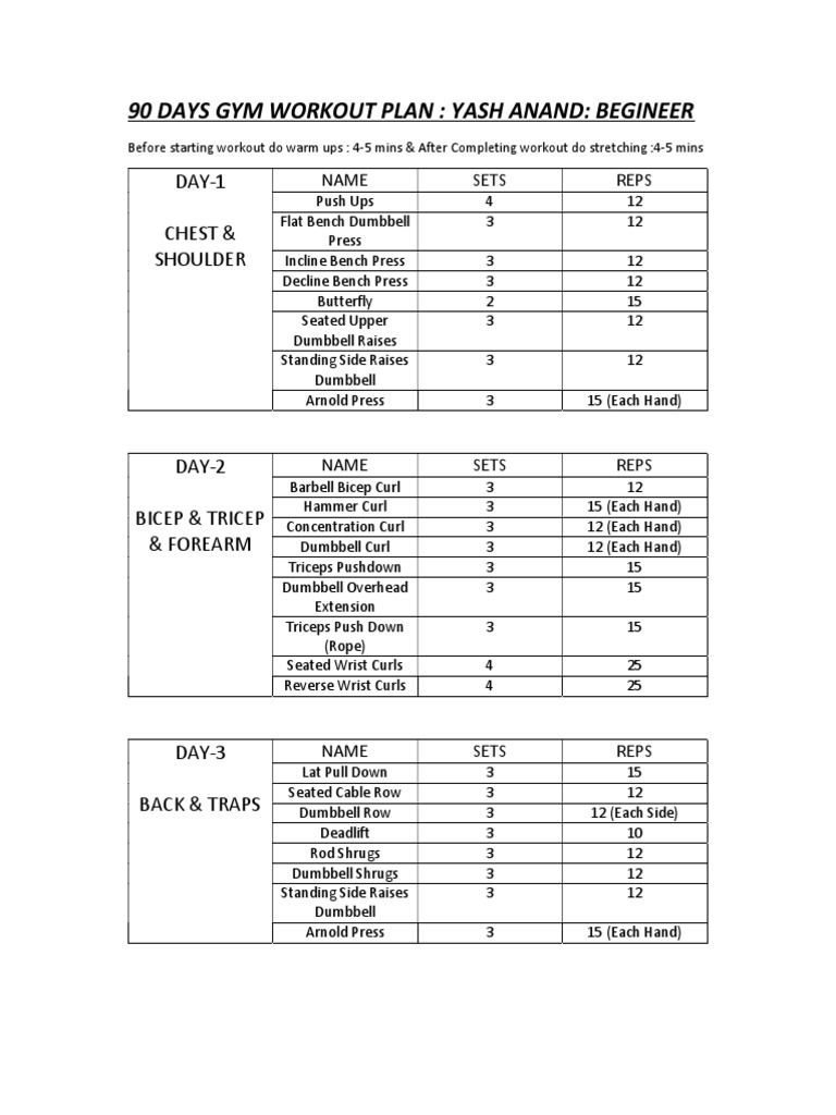 90 Days Beginner Gym Workout Plan Focusing on Chest, Back, Legs, Biceps ...