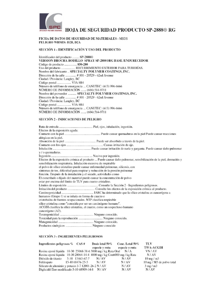 HOJA DE SEGURIDAD PRODUCTO SP-2888 RG - PDF | PDF