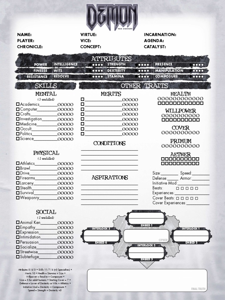 Demon: The Descent Character Sheet | PDF