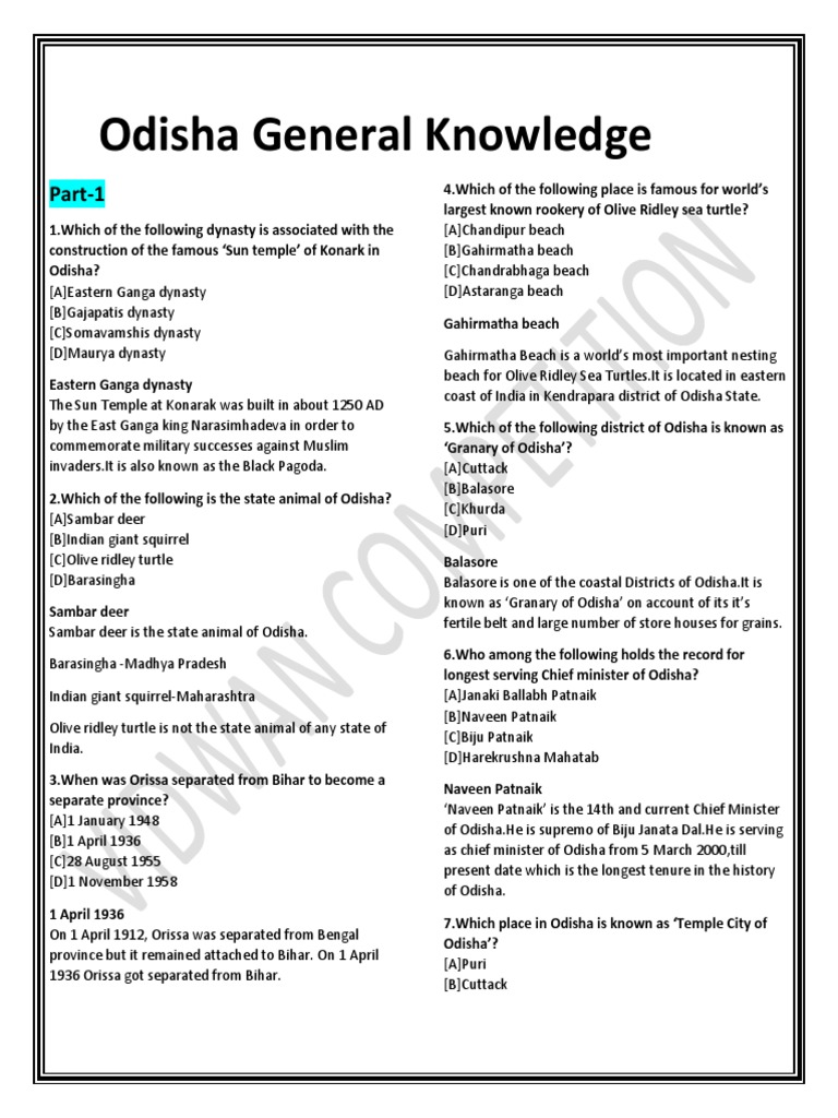 Odisha General Knowledge: Part-1 | PDF