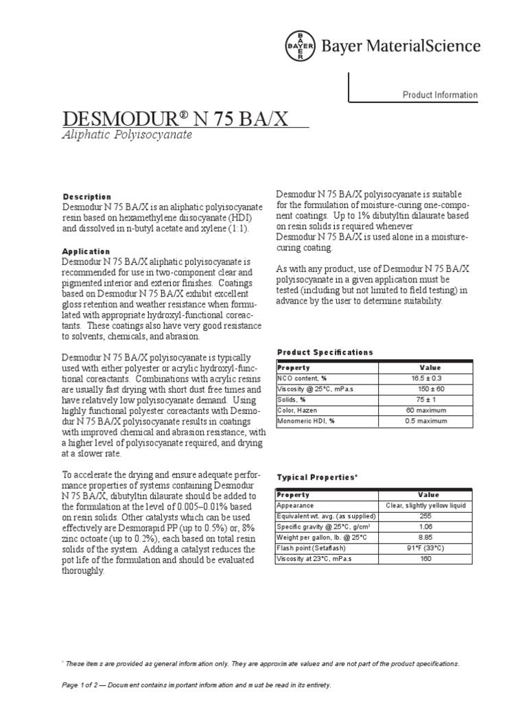 Desmodur N 75 BA/X: Aliphatic Polyisocyanate | PDF | Chemistry ...