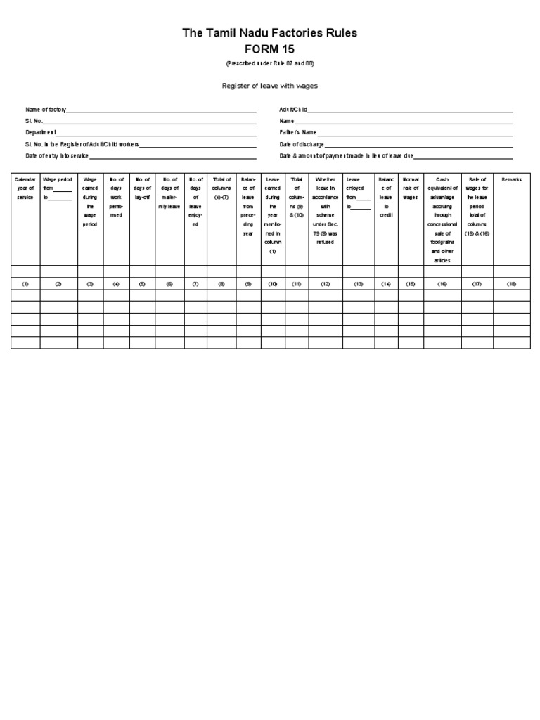 Form 15 Leave with Wages Register | PDF | Economies