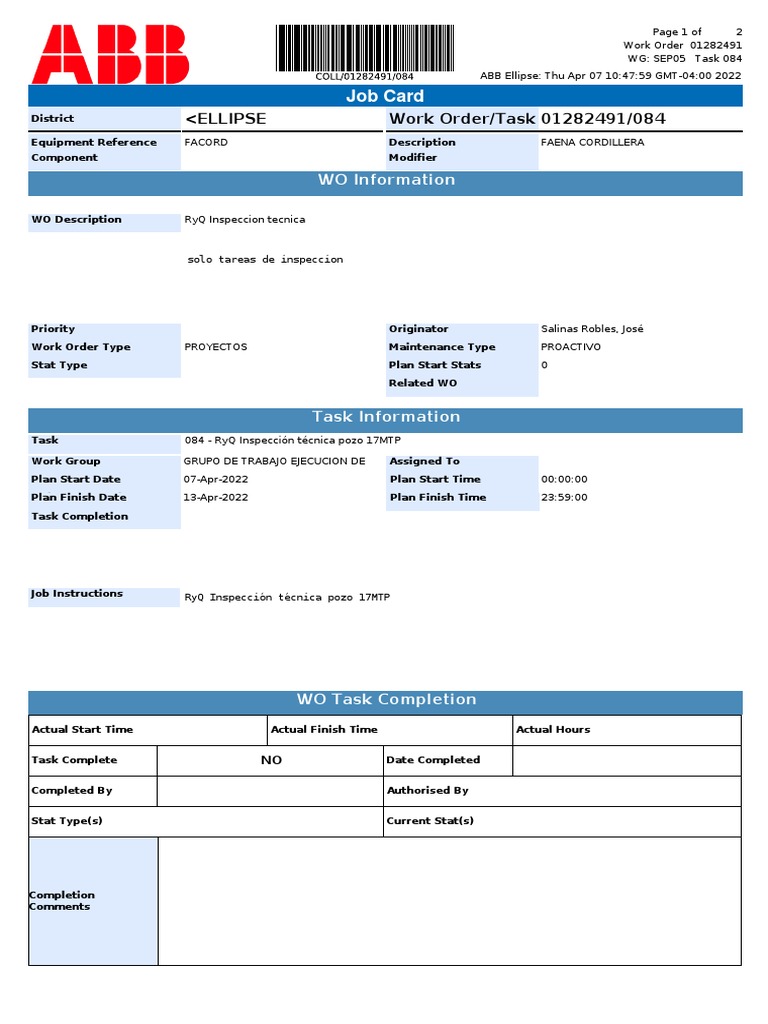 Work Order Task - Job Card 5 | PDF