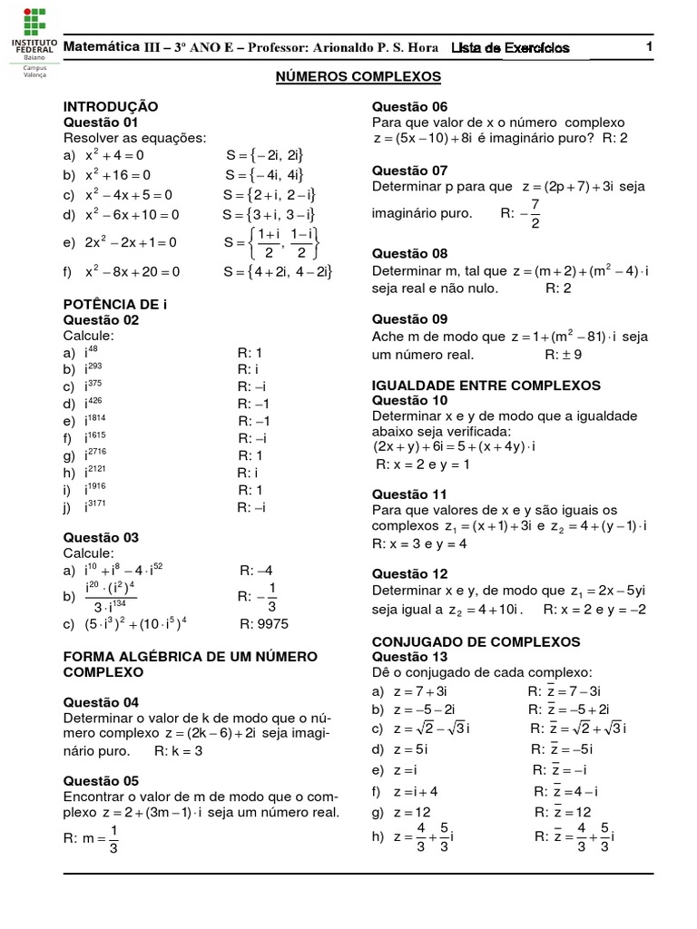 Números Complexos Lista de Exercícios | PDF | Número complexo | Álgebra abstrata