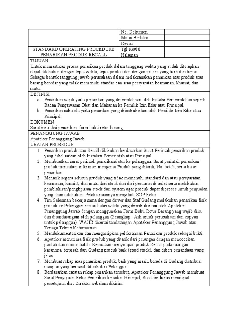 Prosedur Penarikan Produk Recall | PDF