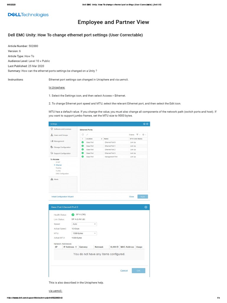 Dell EMC Unity - How To Change Ethernet Port Settings (User Correctable) - Dell US | PDF