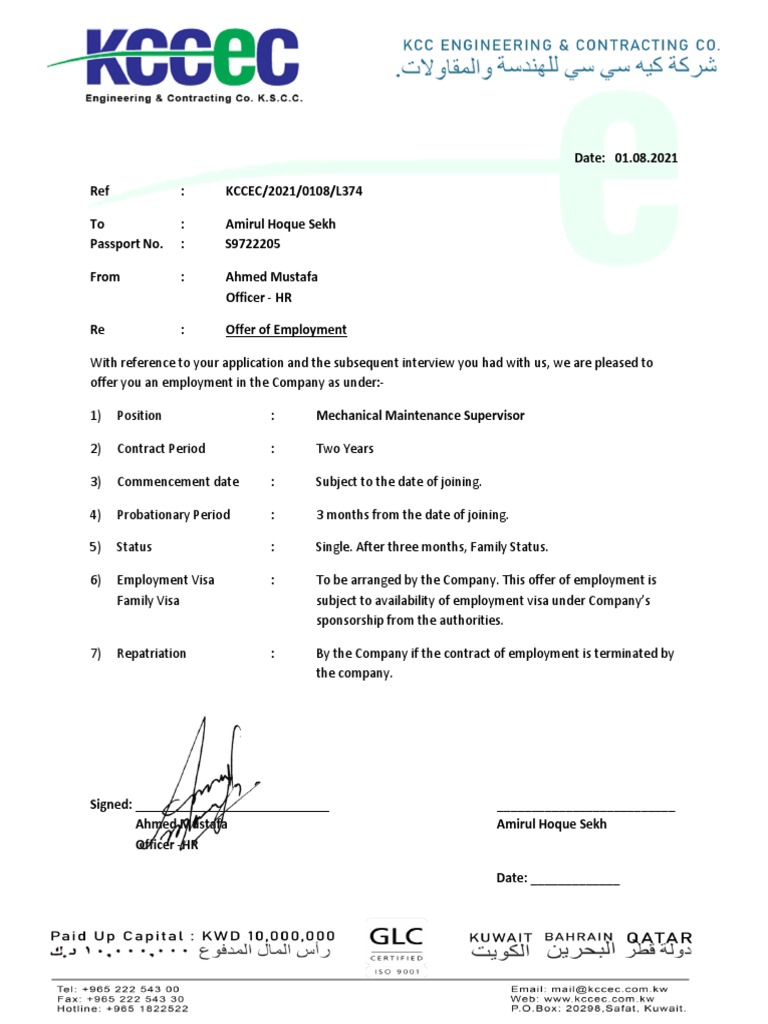 KCC Kuwait Offer Letter | Download Free PDF | Employment | Insurance