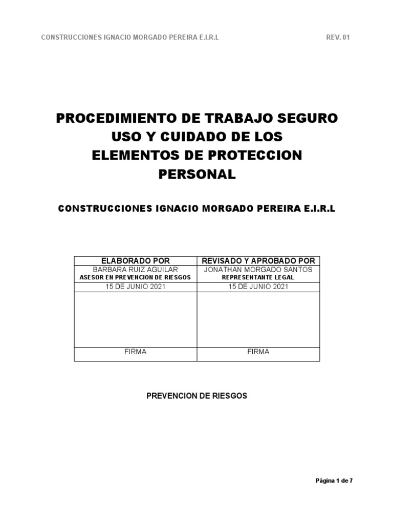 PTS - Uso y Manejo de Epp Rev01. | PDF | Casco | Calzado