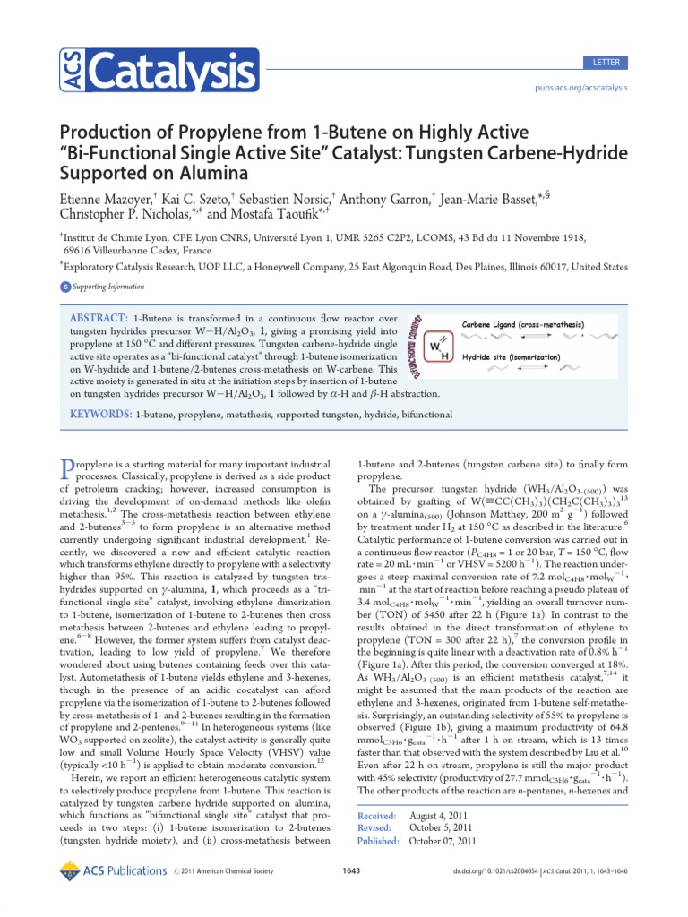 Production of Propylene From 1-Butene On Highly Active "Bi-Functional ...