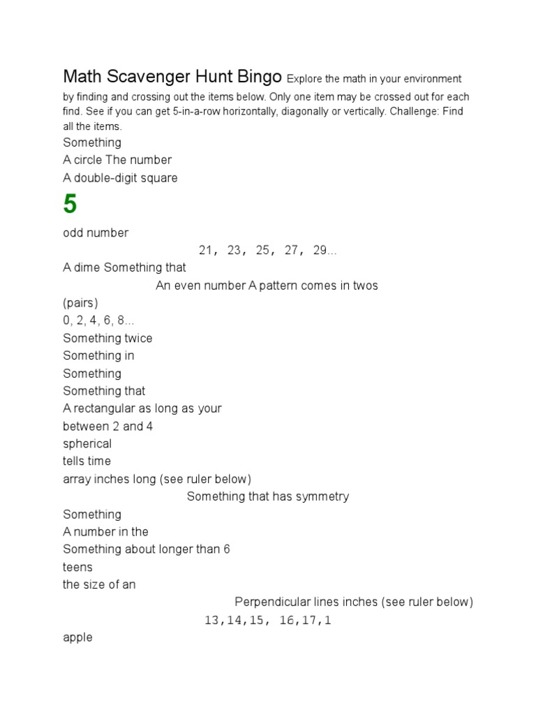 Math Bingo and Scavenger Hunt | PDF