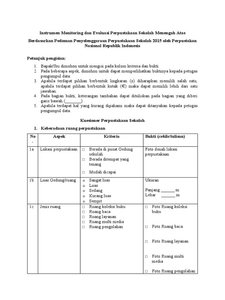 Contoh Instrumen Monev Perpustakaan | PDF