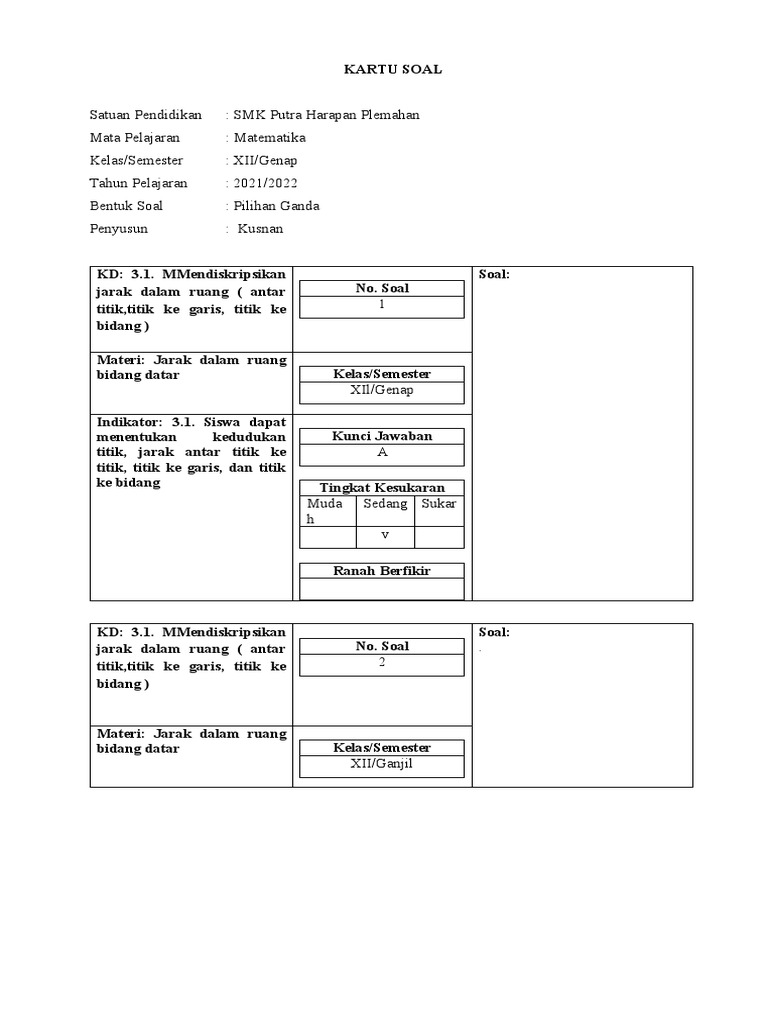 Format Kartu Soal Matematika (Xii) | PDF