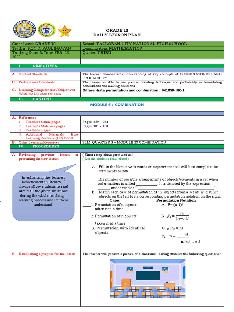 Grade 10 Daily Lesson Plan: Module 6: Combination | PDF | Permutation ...