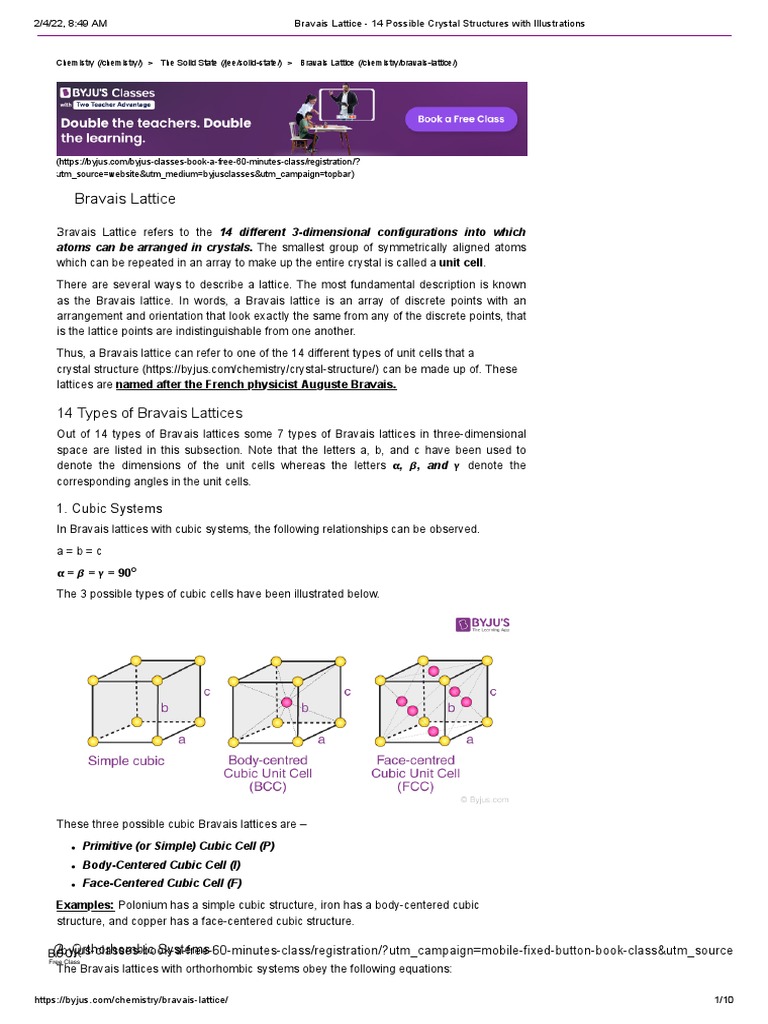 Bravais Lattice - 14 Possible Crystal Structures With Illustrations | PDF
