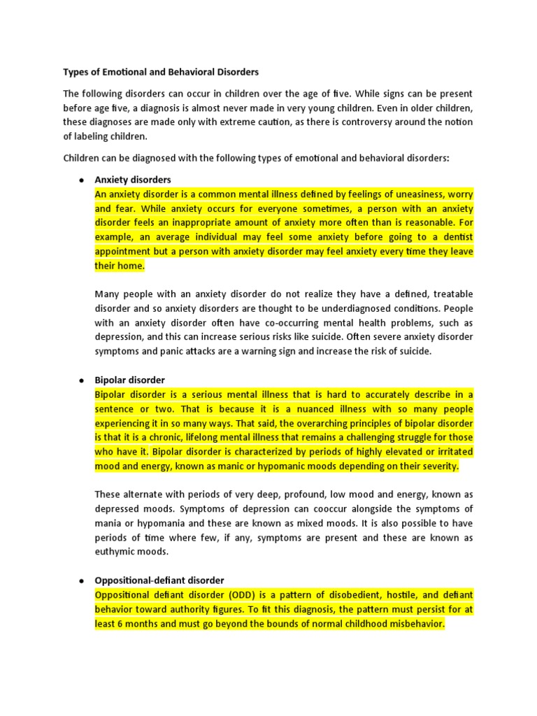 Types of Emotional and Behavioral Disorders | PDF