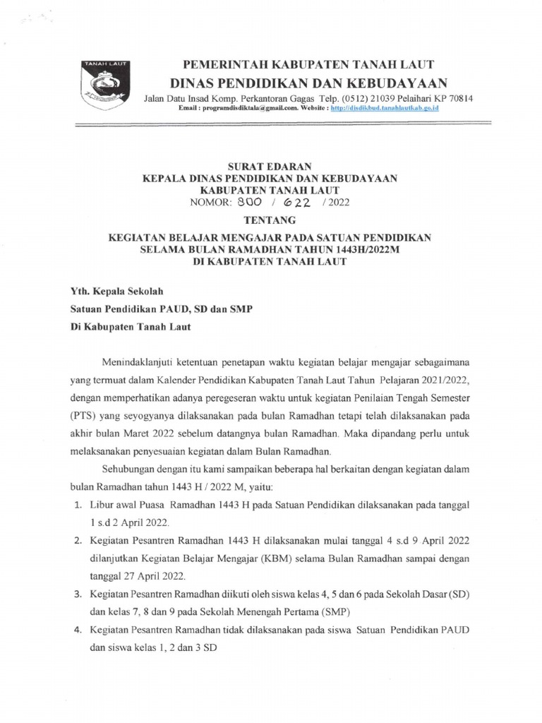 Surat Edaran KBM Di Bulan Ramadhan | PDF