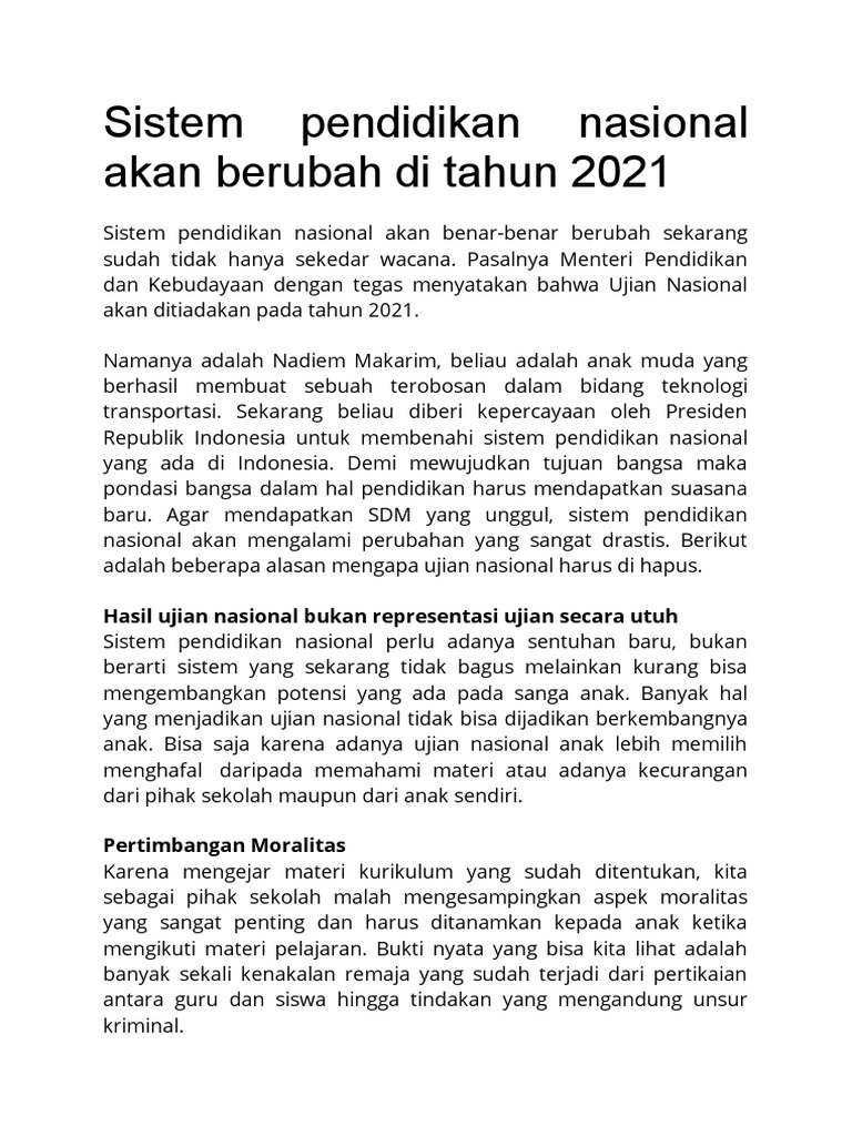 Sistem Pendidikan Nasional Akan Berubah Di Tahun 2021 | PDF