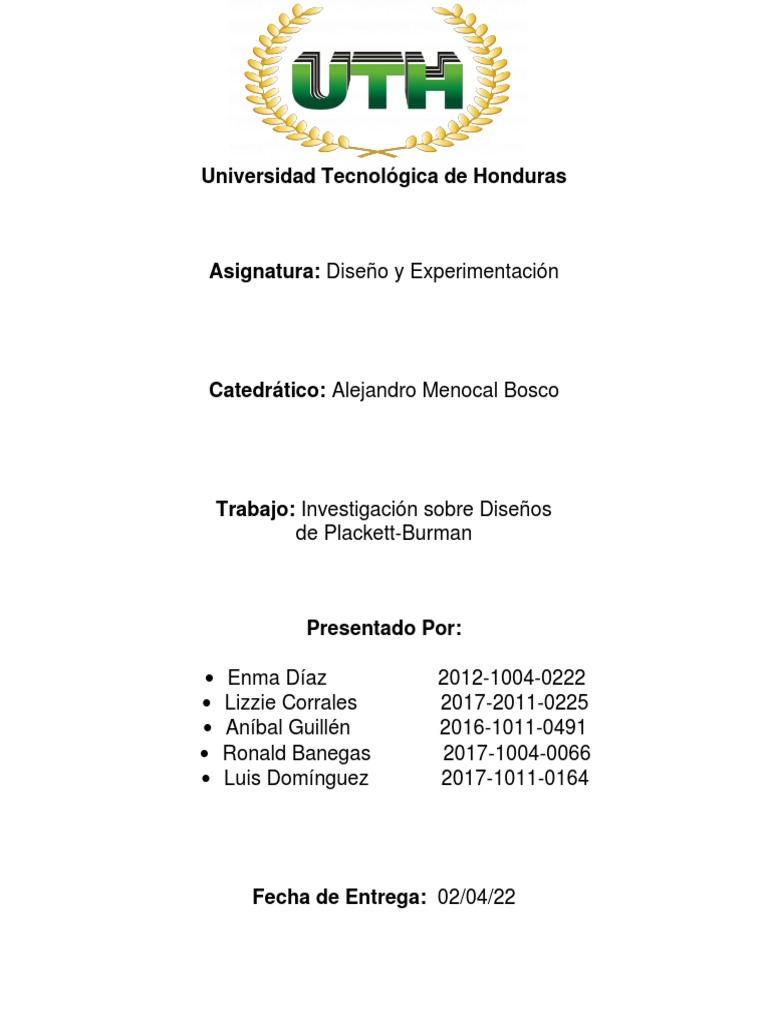 Diseños de Plackett-Burmann Grupo 1 | PDF