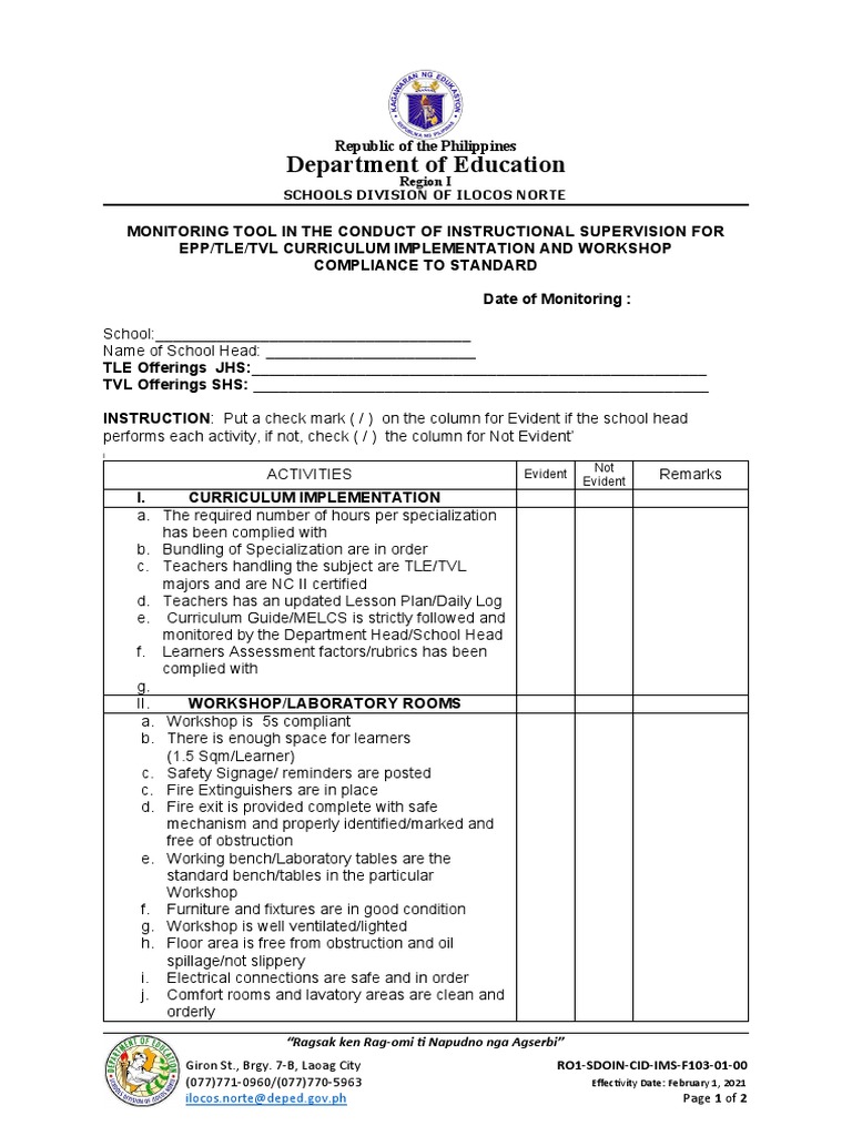 Instructional Supervision Tool for TLE | PDF