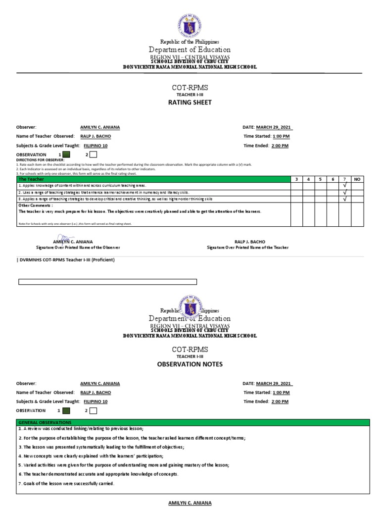 Cot And Observation Notes Pdf