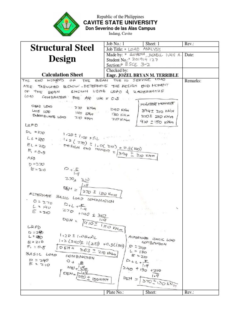 Structural Steel Design Calculation Sheet for Cavite State University ...