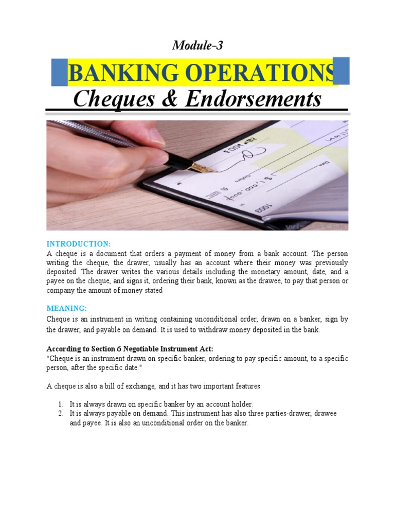 Banking Operations: Cheques & Endorsements | PDF | Cheque | Negotiable ...