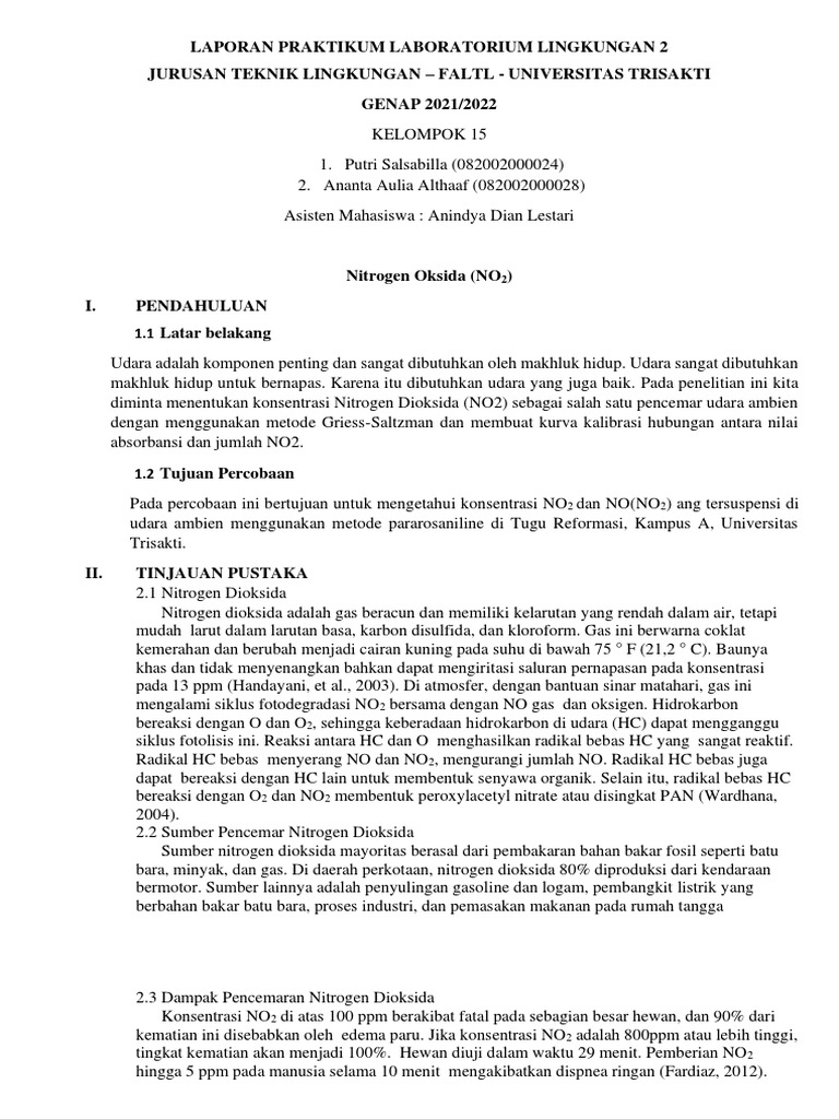 Laporan Laboratorium Lingkungan II - NO2 (Secara Online) | PDF
