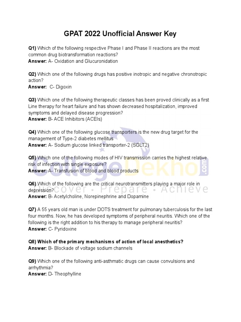 GPAT 2022 Unofficial Answer Key | PDF | Wellness | Science & Mathematics