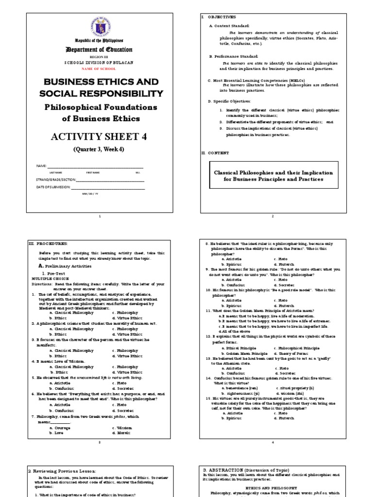 Activity Sheet 4: Business Ethics and Social Responsibility | PDF ...