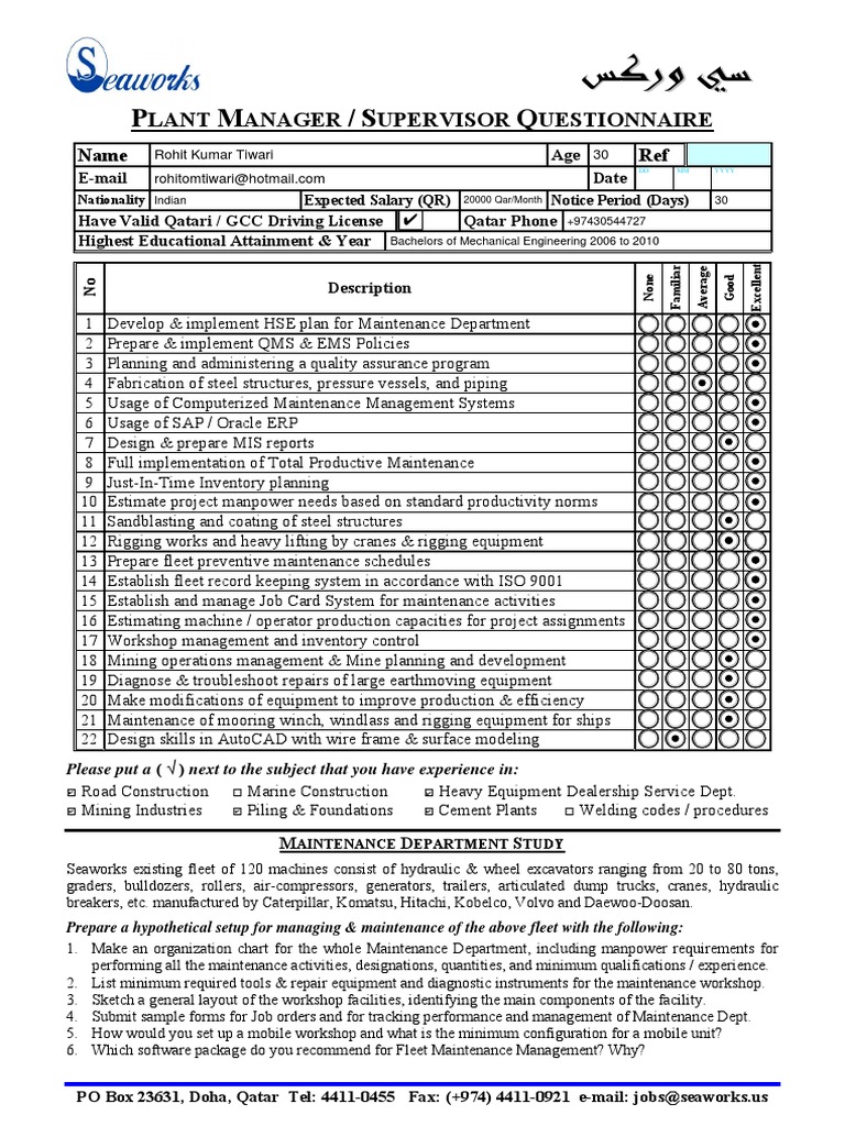 Plant Manager Questionnaire for Fleet Maintenance | PDF