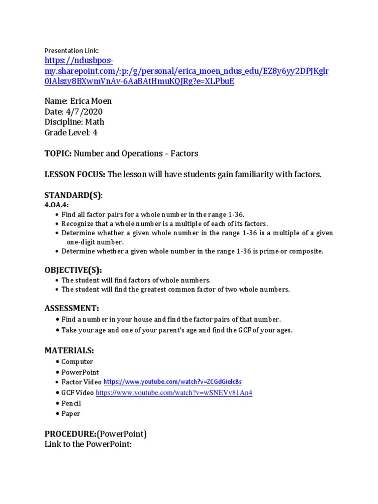 Factors Lesson Plan Grade 4 | PDF | Teaching Methods & Materials